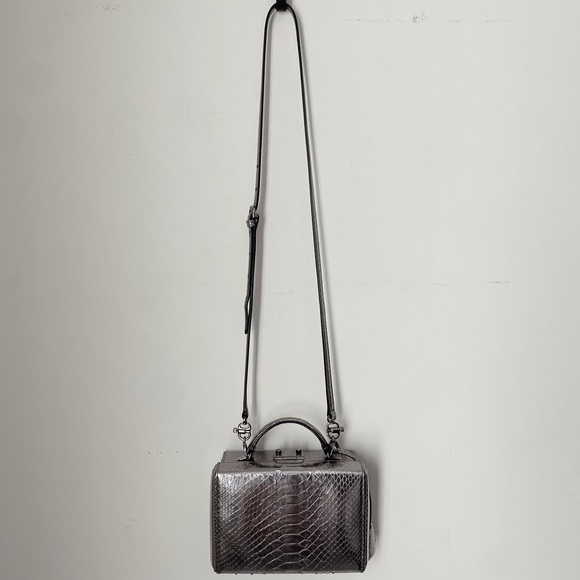 Mark Cross | Bags | Mark Cross Grace Python Snakeskin Metallic Silver Grey Lunch Box Crossbody ...